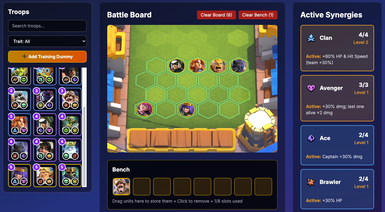 Team Builder Preview - Interactive hex board screenshot